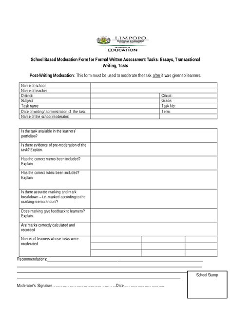 school based moderation form for formal written assessment tasks post