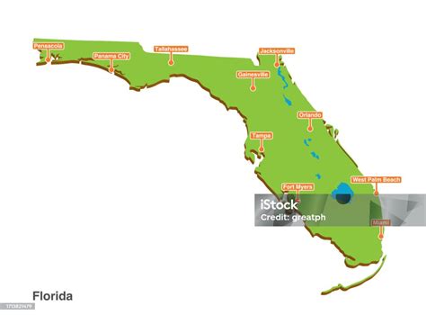Vector Perspective Geographical Map Of Florida With Larger Cities Stock