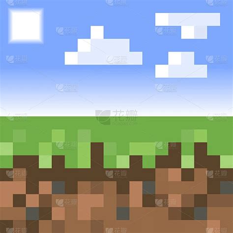 像素minecraft风格的土地背景。游戏概念地面像素水平背景与蓝天，太阳，云。矢量图素材 花瓣网
