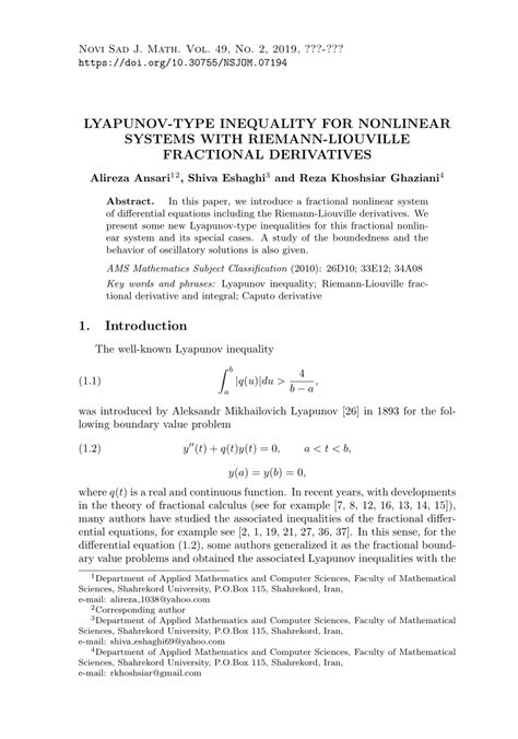Pdf Lyapunov Type Inequality For Nonlinear Systems With Riemann Liouville Fractional Derivatives
