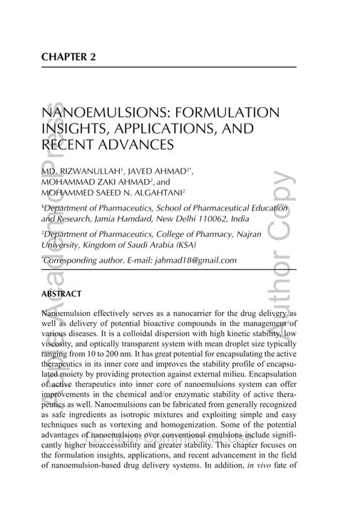Pdf Nanoemulsions Formulation Insights Applications And Recent Advances