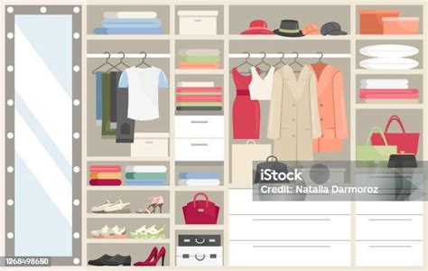 옷 벡터 일러스트와 옷장 여자 남자 의류와 만화 플랫 오픈 옷장 구획 의상이나 드레스와 옷걸이 대형에 대한 스톡 벡터 아트 및 기타 이미지 Istock