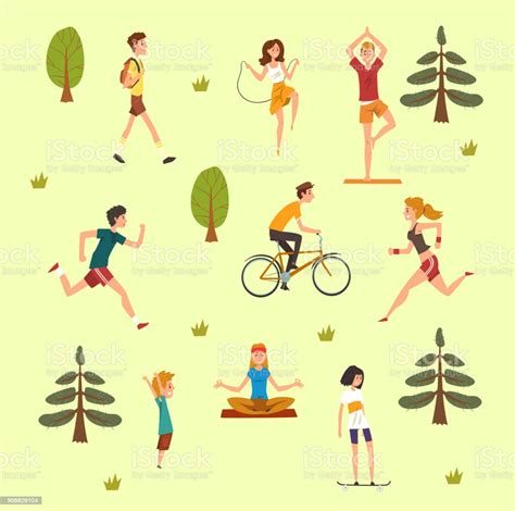 사람들이 신체 활동 야외 남자 여자 및 아이 실행 산책 스케이트 보드 사이클링 및 공원에서 요가 연습 하 고 피트 니스 및 건강