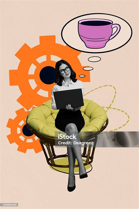 진 아트 포스터 트렌드 콜라주 이미지 행복 프리랜서 실업가 앉아 의자 기어 휠 최적화 보류 노트북 꿈 거품 차 20 24세에 대한 스톡 사진 및 기타 이미지 Istock