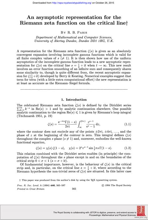 Pdf An Asymptotic Representation For The Riemann Zeta Function On The Critical Line