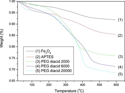Weight Loss Curves Of 1 Fe3o4 Mnps 2 Fe3o4 Mnps Treated By Aptes