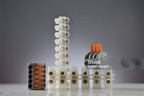 composition of electrical terminal blocks of various types gray