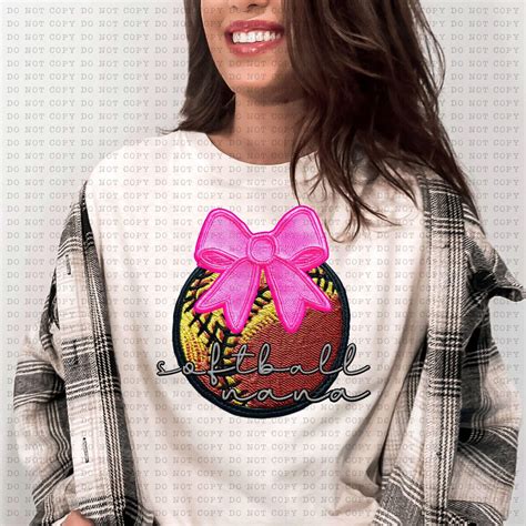 Softball Nana Cursive With Faux Embroidery Coquette Bow Dtf