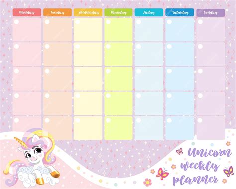 Premium Vector Timetable With Cute Cartoon Sweet Unicorn And Rainbow