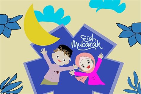 Eid Mubarak Pronounced By Two Couples In A Vector Stock Illustration