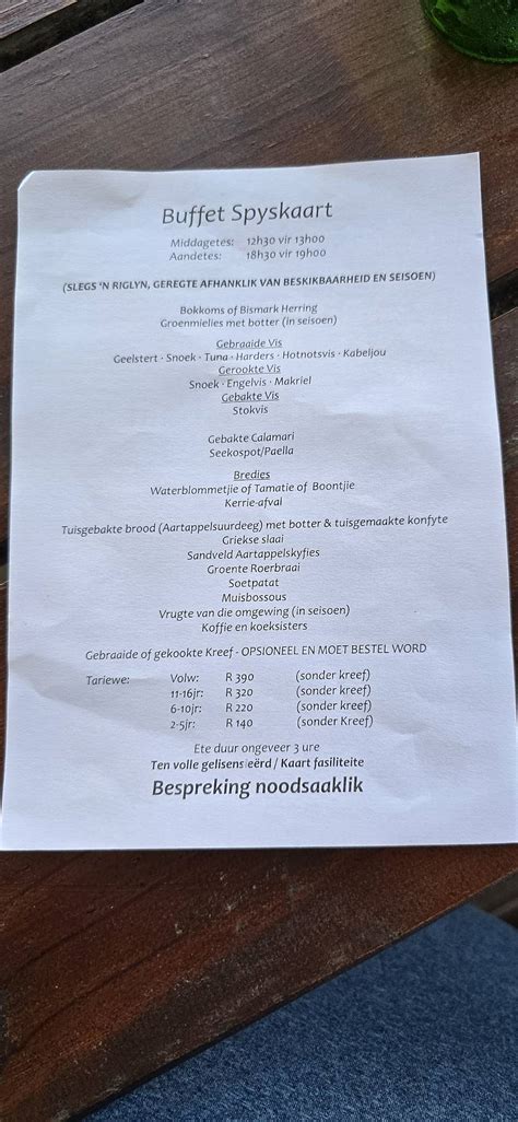 Menu At Muisbosskerm Open Air Restaurant Lamberts Bay R365