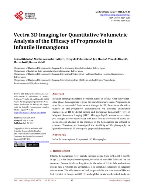 Pdf Vectra 3d Imaging For Quantitative Volumetric Analysis Of The Efficacy Of Propranolol In