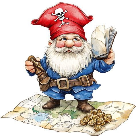 A Whimsical Illustration Of A Pirate Gnome Holding A Map A Compass And