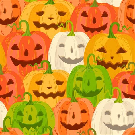 Cartoon Pumpkins With Carving Smiles Seamless Pattern Stock Vector