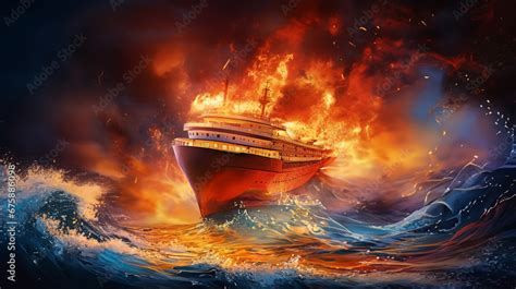 Passenger Ocean Liner Ship Engulfed In Fire On High Seas Amidst