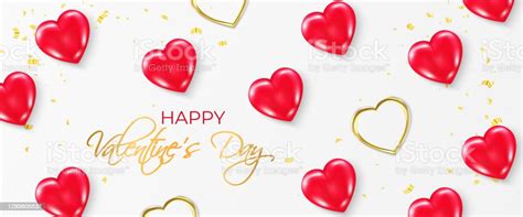 발렌타인 데이 인사말 카드 사실적인 3d 하트와 황금 하트 모양의 프레임 패턴 디자인 배경의 벡터 일러스트 웹사이트 포스터 쿠폰