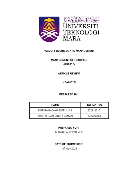 Imr Article Review 2 Faculty Business And Management Management Of