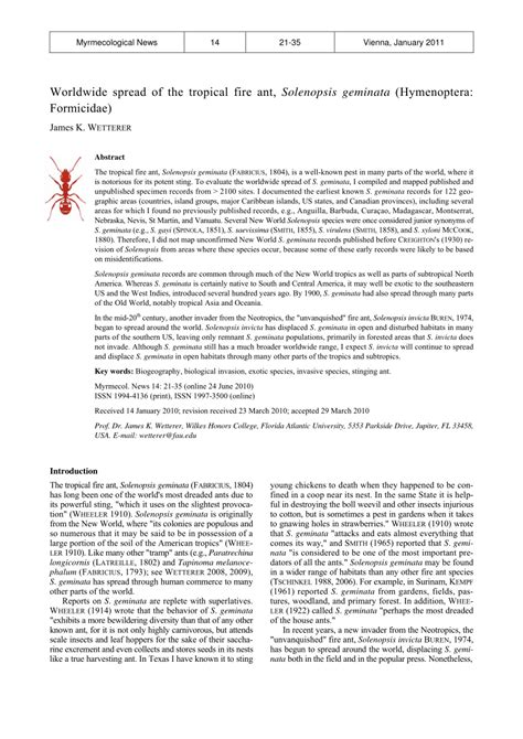 Pdf Worldwide Spread Of The Tropical Fire Ant Solenopsis Geminata
