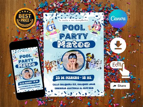 Bluey Pool Party Invite Bluey Theme Party Bluey Birthday Bluey Pool Party Pool Party Bluey