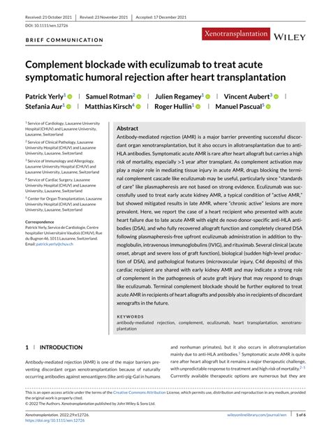 PDF Complement Blockade With Eculizumab To Treat Acute Symptomatic Humoral Rejection After