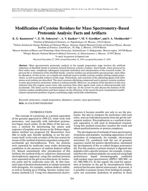 Pdf Modification Of Cysteine Residues For Mass Spectrometry Based