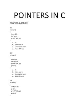 MCQs MULTIPLE CHOICE QUESTIONS POINTERS C PDF