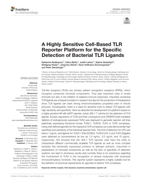Pdf A Highly Sensitive Cell Based Tlr Reporter Platform For The