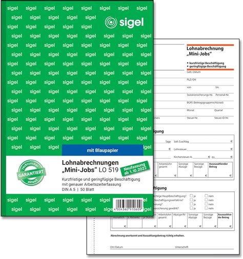 SIGEL LO519 Lohnabrechnungen für Mini Jobs für geringfügige