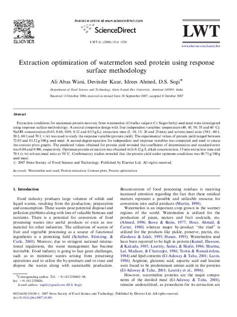 pdf extraction optimization of watermelon seed protein using response