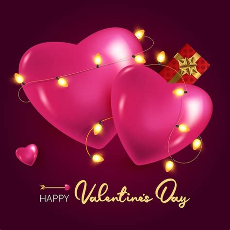 Premium Vector Happy Valentines Day Two Pink Hearts Decorated With