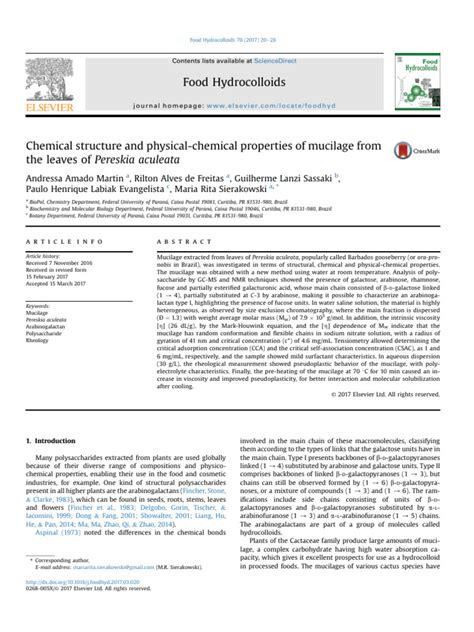 Chemical Structure And Physical Chemical Properties Of Mucilage From