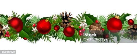 전나무 가지 빨간 공 호랑가시나무와 파인콘 크리스마스 원활한 화환 벡터 그림입니다 호랑가시나무에 대한 스톡 벡터 아트 및 기타