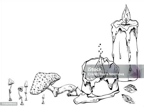 손으로 그린 잉크 벡터 마녀 제단 양초 독 버섯 크리스탈 일러스트레이션 아트 할로윈 오컬트 요술 격리 된 구성 개요 디자인 상점 로고 인쇄물 웹 사이트 카드 소책자 0명에