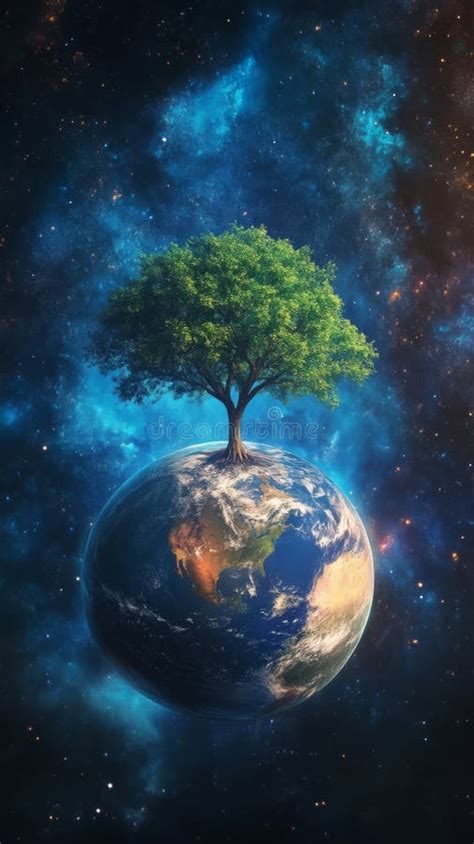 Tree Growing On Planet Earth In Space Environmental Conservation