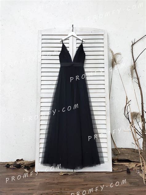 Sexy Plunging Neckline Thigh High Split Black Tulle Prom Dress