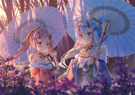 2girls Anthropomorphism Aqua Eyes Azur Lane Blue Hair Blush Bow Breasts Choker Cleavage Daitai
