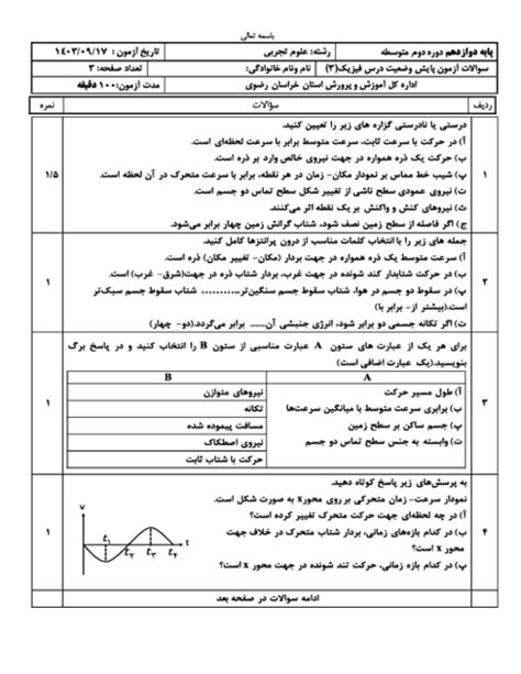 آزمون پایش وضعیت تحصیلی درس فیزیک 3 تجربی استان خراسان رضوی گاما