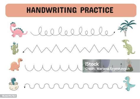 어린이를 위한 추적 라인 만화 공룡과 함께 손글씨 연습 미취학 아동을 위한 교육용 게임 인쇄 가능한 페이지 워크시트입니다 벡터 일러스트 레이 션 공룡에 대한 스톡 벡터 아트