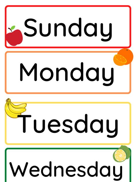 Colorful Fruit Theme Flashcard Days Of The Week Pdf