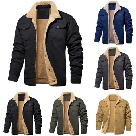 Mens Fleece Lined Cargo Jacket Warm Coat Trucker Sherpa Fur Collar