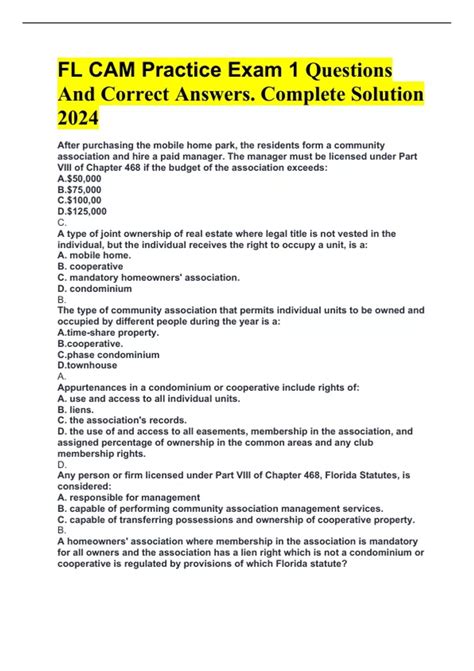 Fl Cam Practice Exam 1 Questions And Correct Answers Complete Solution