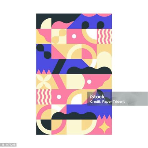 추상 기하학적 포스터입니다 Cubism 양식화 된 배경 둥글고 네모난 모양 형태 그림 현대적인 미니멀 수직 인테리어 장식 현대