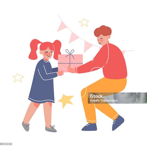 해피 걸 생일 크리스마스 또는 새해 만화 벡터 일러스트를 축하하는 아이들에게 리본 활로 장식 된 휴일 선물 상자를주는 십대 소년