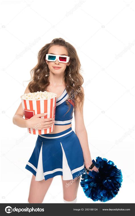 Sexy Cheerleader Girl Blue Uniform Glasses Pompom Bucket Popcorn Isolated Stock Photo