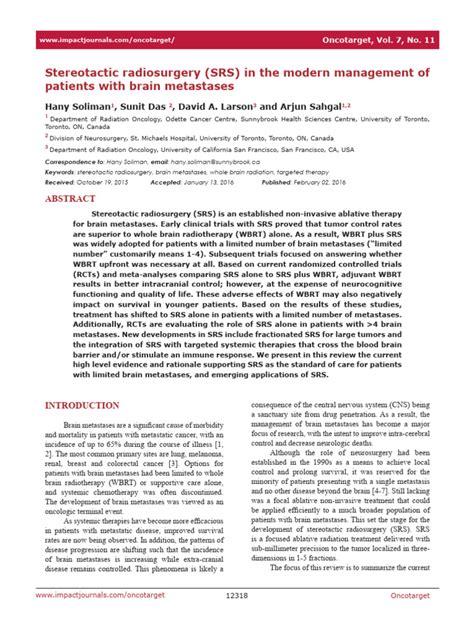 Stereotactic Radiosurgery Srs In The Modern Management Of Patients