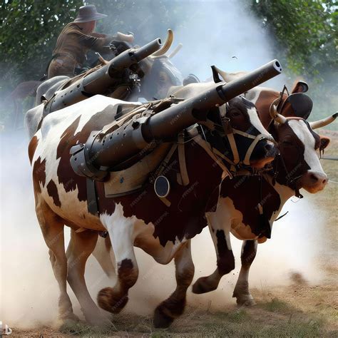 Premium Ai Image Two Cows Are Being Pulled By A Bull And A Gun Is