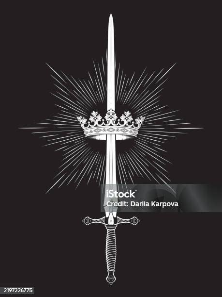 손으로 그린 로얄 검 엑스 칼리버와 왕관 빈티지 라인 아트 문신 벡터 일러스트 레이 션 절연 검에 대한 스톡 벡터 아트 및 기타 이미지 Istock