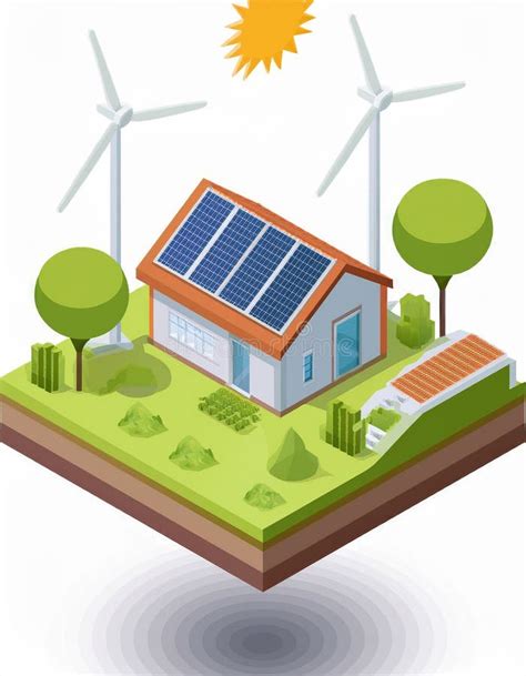 Isometric Ecosystem Vector Model Of A Smart Energy House With Solar Panels Stock Illustration