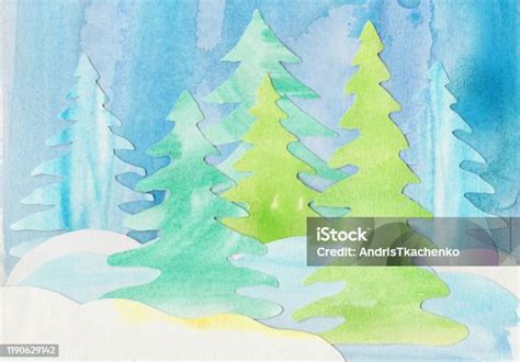 수채화 종이 컷 스타일 겨울 숲 풍경입니다 수제 종이 콜라주 크리스마스 종이 예술과 공예 스타일입니다 아플 리 케 소나무 침엽수에 대한 스톡 사진 및 기타 이미지 Istock