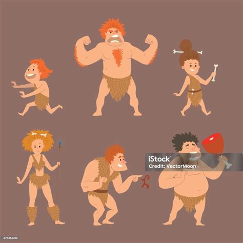 원시인 원시 석기 시대 만화 네안데르탈인 사람 문자 진화 벡터 일러스트 레이 션 Pchum Ben에 대한 스톡 벡터 아트 및